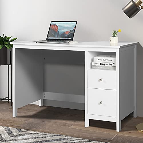 Vikiullf White Writing Desk with Drawers - 47β Modern Home Office Study Computer Desk with Storage Cabinet & Open Shelf, Simple Vanity Table for Bedroom