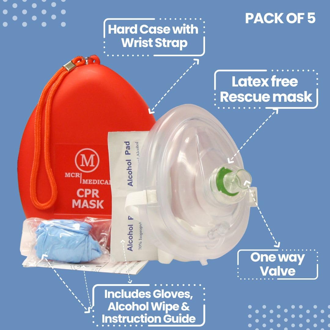 MCR Medical Pack of 5 CPR Rescue Mask, Adult/Child Pocket Resuscitators, Hard Case with Wrist Strap