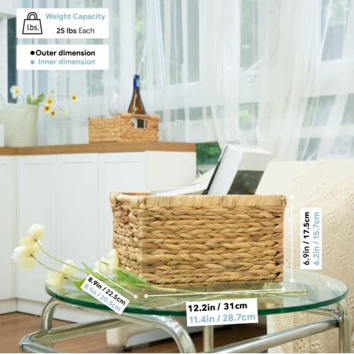 Natural Water Hyacinth storage basket with Handle, Rectangular Wicker Basket for Organizing, Decorative Wicker Storage Basket for Living Room, Medium Wicker Basket 12.2 x 8.9 x 6.9 inches