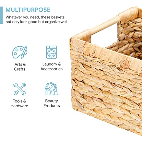 Natural Water Hyacinth storage basket with Handle, Rectangular Wicker Basket for Organizing, Decorative Wicker Storage Basket for Living Room, Medium Wicker Basket 12.2 x 8.9 x 6.9 inches