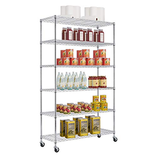 18" D×48" W×72" H Wire Shelving Unit Metal Shelf with 6 Tier Casters Adjustable Layer Rack Strong Steel for Commercial Restaurant Garage Pantry Kitchen Garage,Chrome