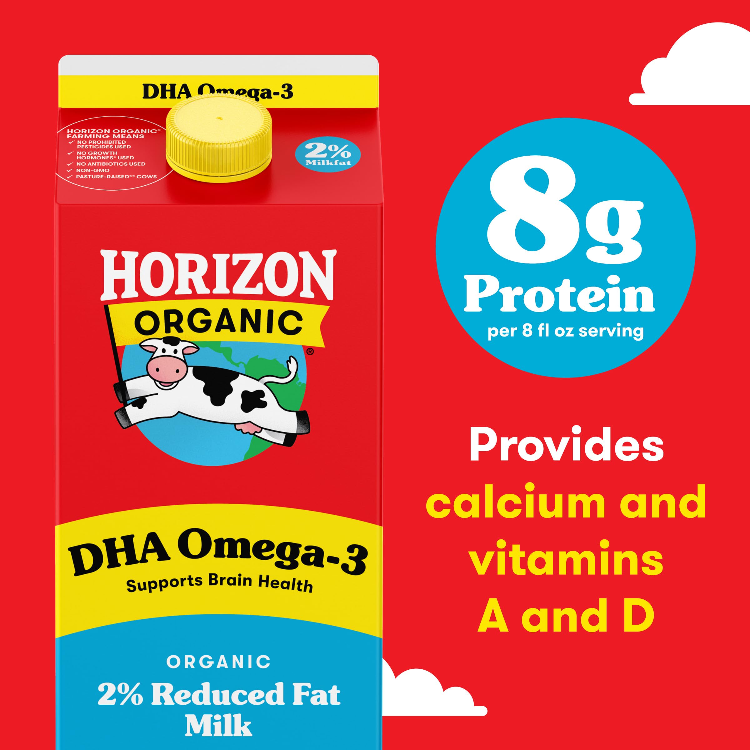 Horizon Organic DHA Omega-3 Milk, DHA 2 Percent Milk, 64 FL OZ Half Gallon Carton