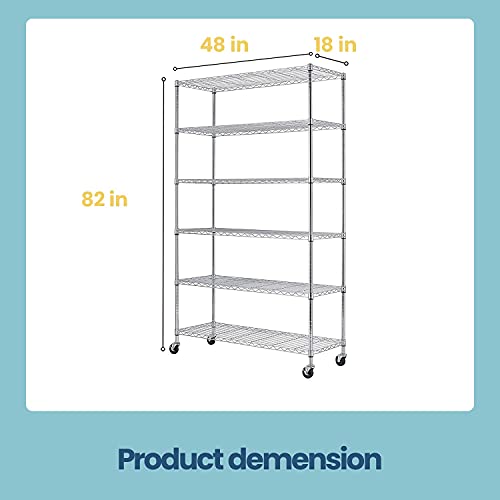18" D×48" W×72" H Wire Shelving Unit Metal Shelf with 6 Tier Casters Adjustable Layer Rack Strong Steel for Commercial Restaurant Garage Pantry Kitchen Garage,Chrome
