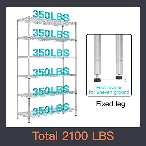 18" D×48" W×72" H Wire Shelving Unit Metal Shelf with 6 Tier Casters Adjustable Layer Rack Strong Steel for Commercial Restaurant Garage Pantry Kitchen Garage,Chrome
