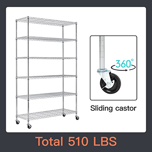 18" D×48" W×72" H Wire Shelving Unit Metal Shelf with 6 Tier Casters Adjustable Layer Rack Strong Steel for Commercial Restaurant Garage Pantry Kitchen Garage,Chrome