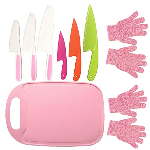 11PCS Kids Plastic Knife Set,Kids Safe Knife Set with 2 Pair Cut Resistant Gloves (Ages 6-12) & Cutting Board,Kids Cooking Tool BPA-Free ,Salad (Pink)