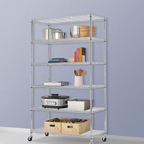 18" D×48" W×72" H Wire Shelving Unit Metal Shelf with 6 Tier Casters Adjustable Layer Rack Strong Steel for Commercial Restaurant Garage Pantry Kitchen Garage,Chrome