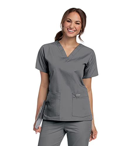 Landau Essentials Relaxed Fit 4-Pocket V-Neck Scrub Top for Women 8219 Steel Grey