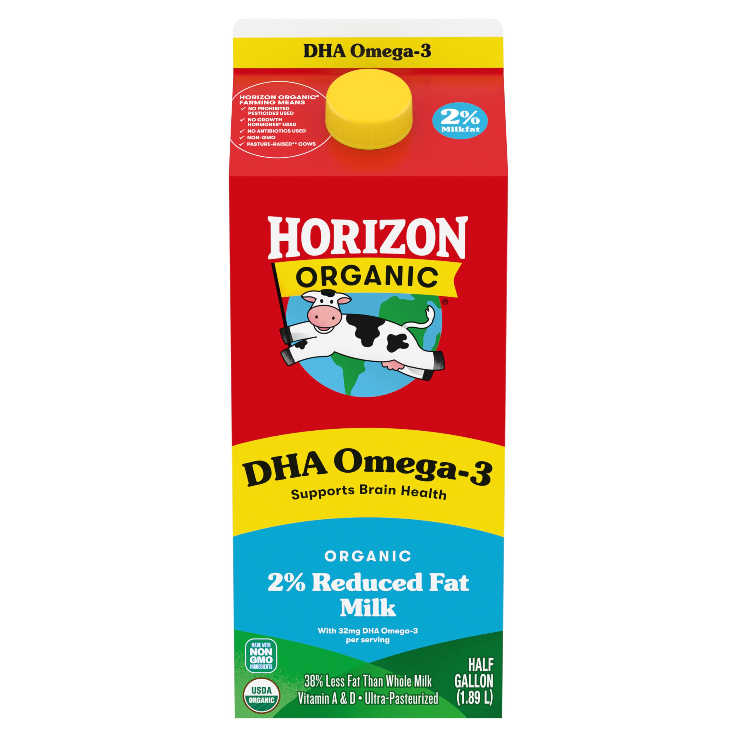 Horizon Organic DHA Omega-3 Milk, DHA 2 Percent Milk, 64 FL OZ Half Gallon Carton