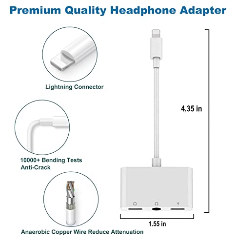 3 in 1 Lightning to 3.5mm Jack Headphone Adapter Earphone Jack Audio and Charging Adapter Headphone Splitter Compatible for iPhone 13 12 11 SE XS XR X 8 7 and iPad