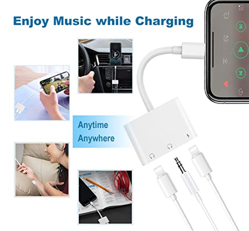 3 in 1 Lightning to 3.5mm Jack Headphone Adapter Earphone Jack Audio and Charging Adapter Headphone Splitter Compatible for iPhone 13 12 11 SE XS XR X 8 7 and iPad