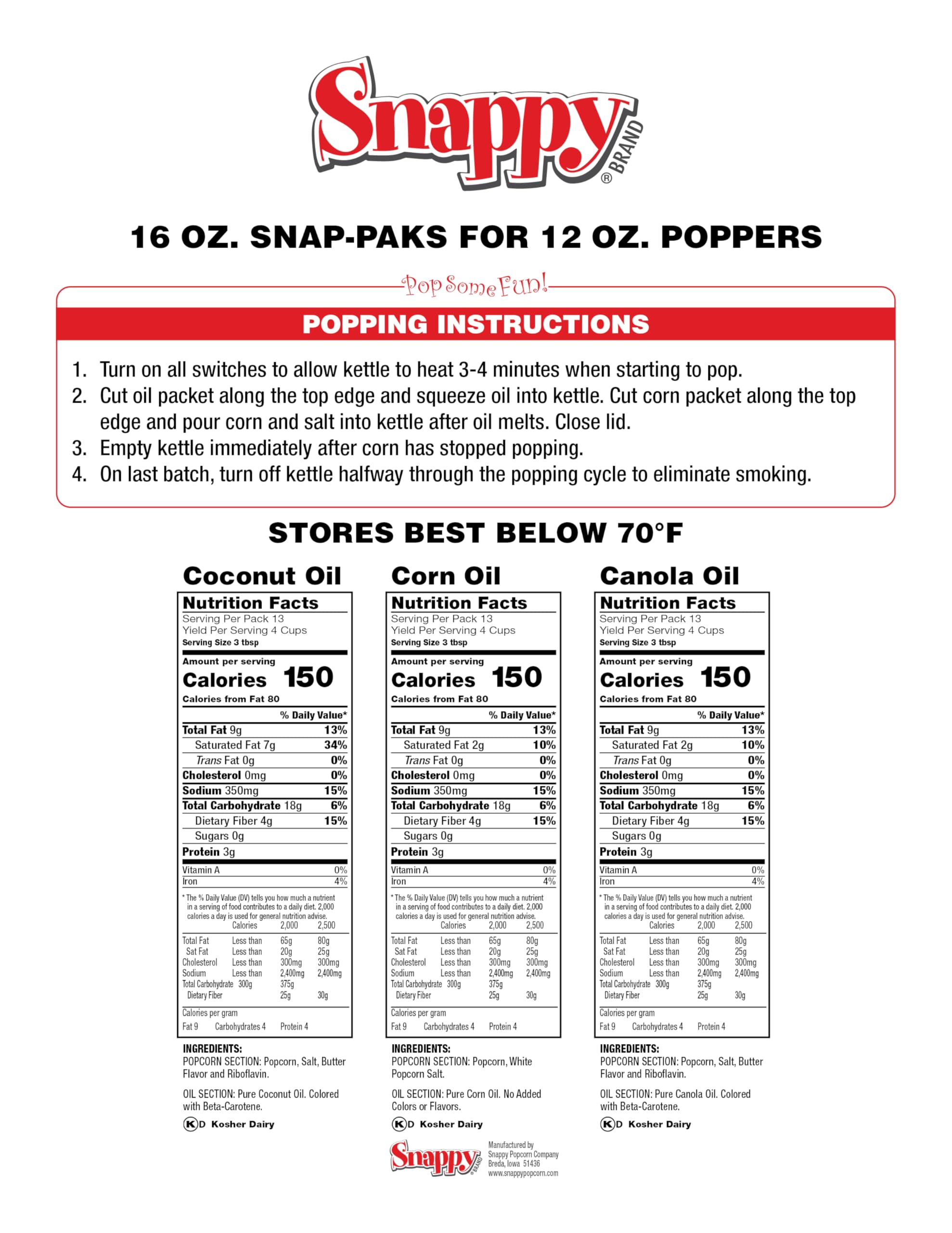Snappy Snap-Paks, All in One Popcorn Kit, Yellow Popcorn Portion Packets for Popcorn Machine (12 oz.) with Movie Theater Popcorn Kernels, Salt, and Coconut Oil, 24 Case Count