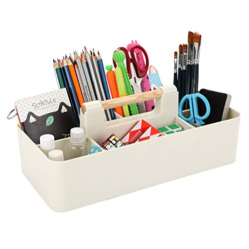BTSKY Stackable Plastic Portable Storage Organizer Utility Caddy Tote,Divided Craft Storage Organizer Basket Bin with Wooden Handle for Craft, Sewing, Art Supplies, Office Supplies Beige White