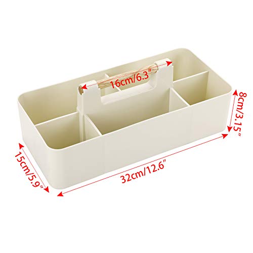 BTSKY Stackable Plastic Portable Storage Organizer Utility Caddy Tote,Divided Craft Storage Organizer Basket Bin with Wooden Handle for Craft, Sewing, Art Supplies, Office Supplies Beige White