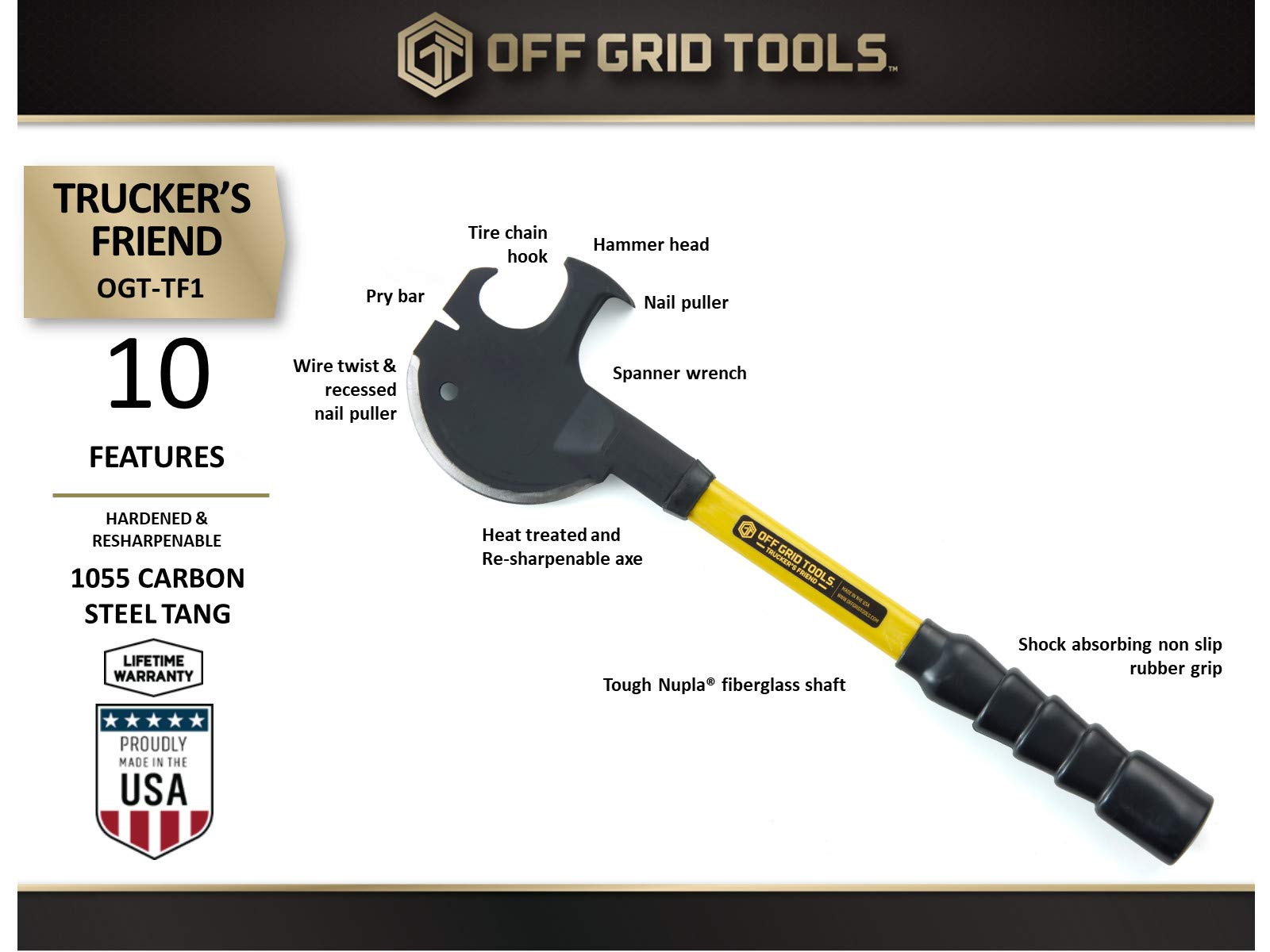 Off Grid Tools Pro Trucker’s Friend – Yellow, Carbon Steel Blade, Shock Absorbing Grip, All-Purpose Multitool, Made in USA, Curved Axe Head, Hammer, Pry Bar, Nail Puller