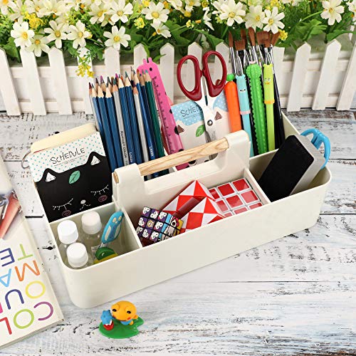 BTSKY Stackable Plastic Portable Storage Organizer Utility Caddy Tote,Divided Craft Storage Organizer Basket Bin with Wooden Handle for Craft, Sewing, Art Supplies, Office Supplies Beige White