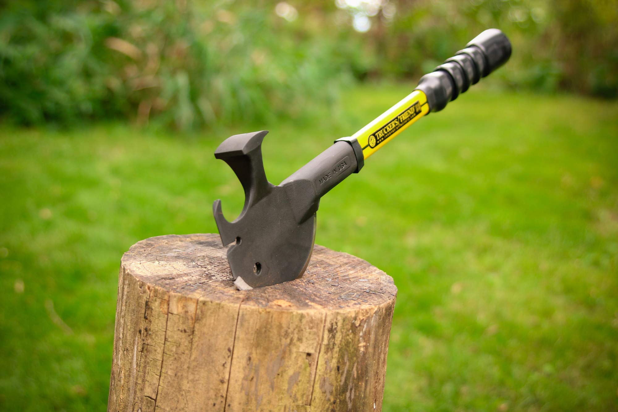 Off Grid Tools Pro Trucker’s Friend – Yellow, Carbon Steel Blade, Shock Absorbing Grip, All-Purpose Multitool, Made in USA, Curved Axe Head, Hammer, Pry Bar, Nail Puller