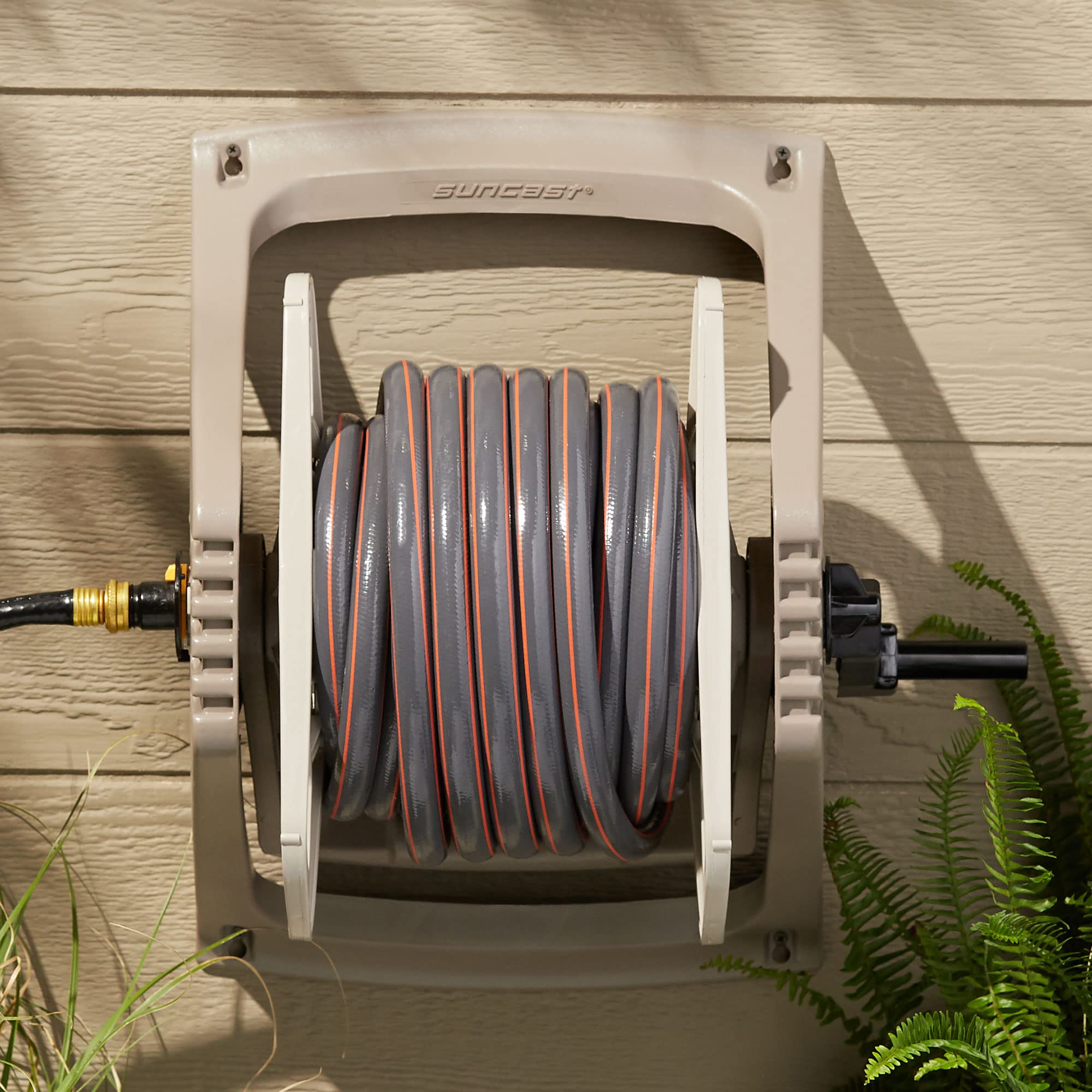 Suncast 100 ft. Tote or Wall Mount Resin Garden Hose Reel with Lid, Taupe