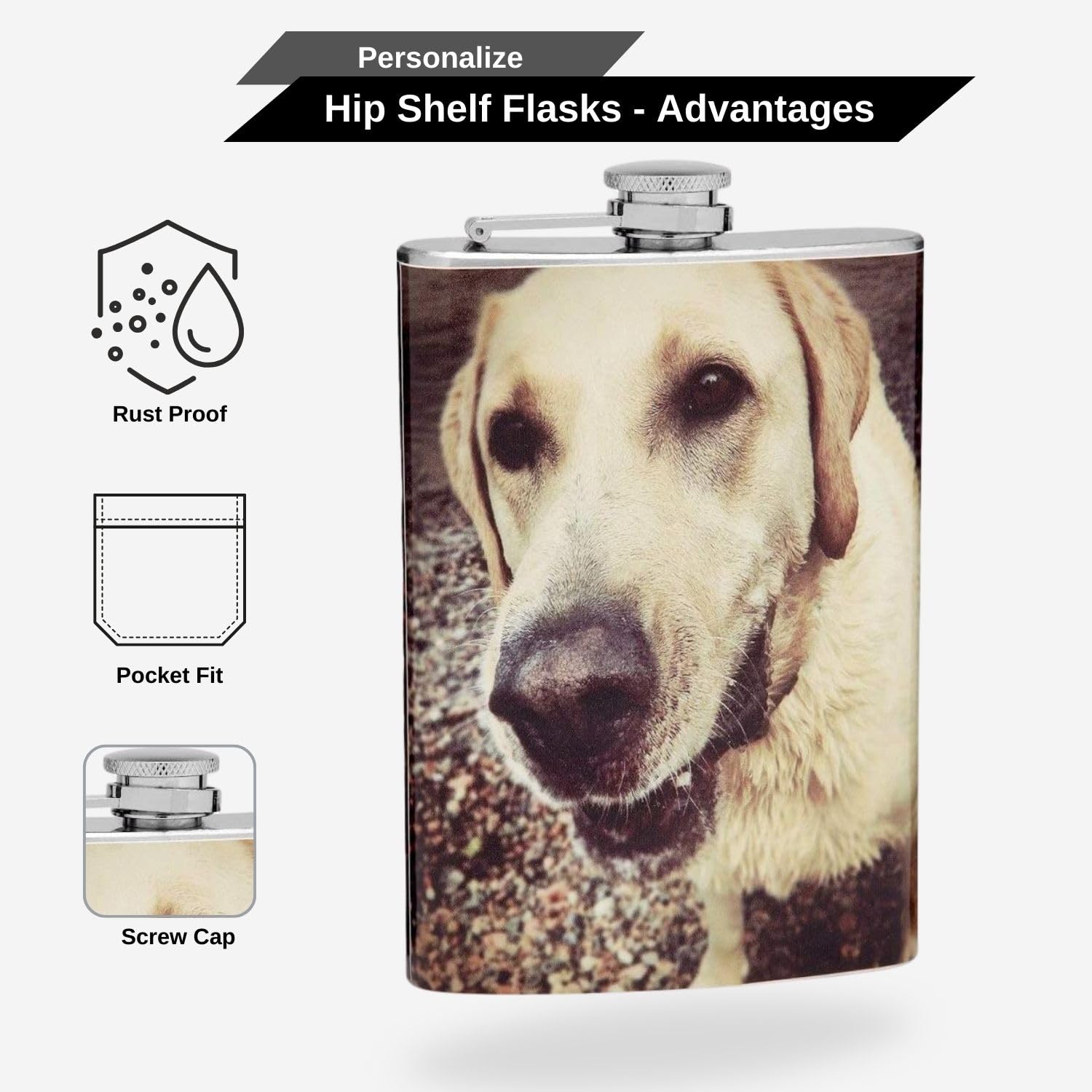 Top Shelf Stainless Steel Hip Flask Holding 8 oz | Pocket Size Leak Proof Screw-On Cap | Personalized with Pet Photo Design alcohol flask | Black Metallic Wrapped Vinyl Finish