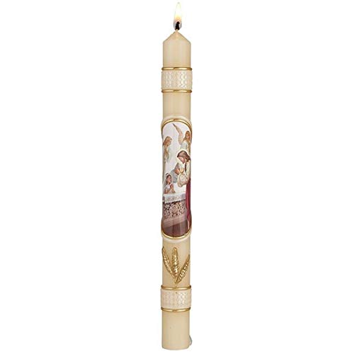 First Holy Communion Gifts for Girls, Hand Decorated Taper Candle with Image of Jesus Little Girl and Angels, Keepsake Gift Sacrament Celebration 9.75 Inches