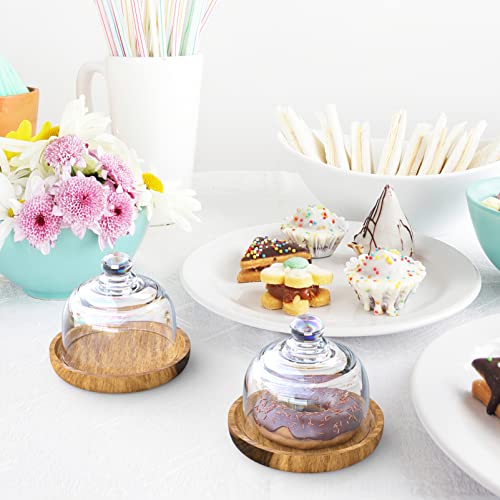 Yardwe 2 Sets Glass Dome with Wooden Base Mini Cake Stand Glass Display Dome Cloche Clear Glass Bell Jar Cover for Dessert Cheese Candy Plants Succulents (4.1 x 3.7 Inch)