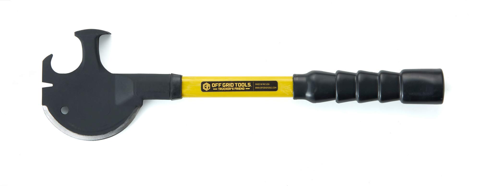 Off Grid Tools Pro Trucker’s Friend – Yellow, Carbon Steel Blade, Shock Absorbing Grip, All-Purpose Multitool, Made in USA, Curved Axe Head, Hammer, Pry Bar, Nail Puller