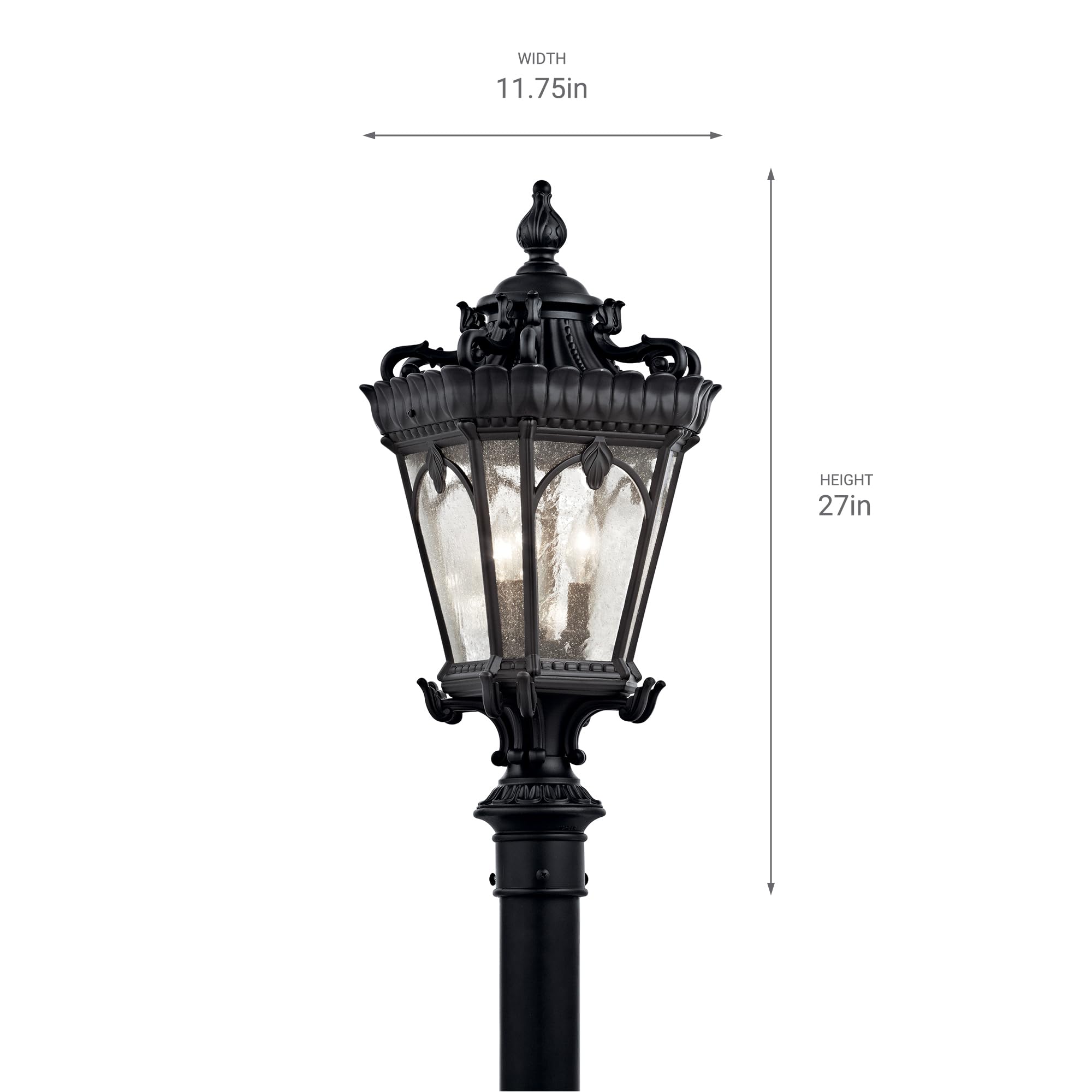 Kichler Tournai 27" Outdoor Post Light in Textured Black, 3-Light Exterior Light Fixture with Clear Seeded Glass, (27" H x 11.75" W), 9558BKT