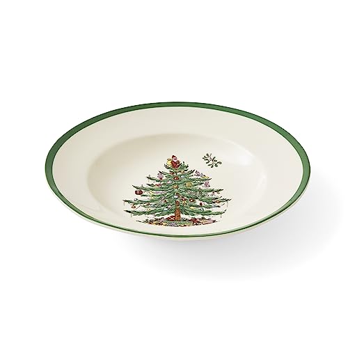 Spode Christmas Tree 9" Soup Plate (Set of 4) - Stoneware Soup Bowls with Festive Tree Design & Green Rim, Ideal for Serving Soup, Pasta, Salad - Microwave & Dishwasher Safe Holiday Dinnerware
