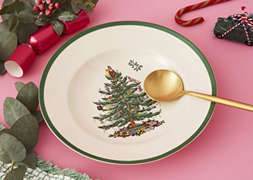 Spode Christmas Tree 9" Soup Plate (Set of 4) - Stoneware Soup Bowls with Festive Tree Design & Green Rim, Ideal for Serving Soup, Pasta, Salad - Microwave & Dishwasher Safe Holiday Dinnerware