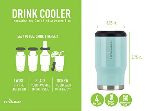 Reduce Can Cooler - 4-in-1 Stainless Steel Can Holder and Beer Bottle Holder, 4 Hours Cold - The Drink Cooler For 12 oz Slim Cans, Regular Cans, Bottles and Mixed Drinks - Glacier, Opaque Gloss