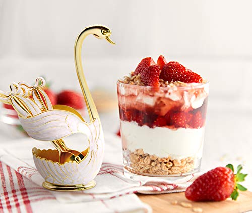 Flylin Coffee Spoon Holder Coffee Dessert Spoon Set Metal Swan Base Holder Spoon Organizer with 6pcs Ice Cream Spoons Teaspoons Coffee Dessert Flatware (Gold)