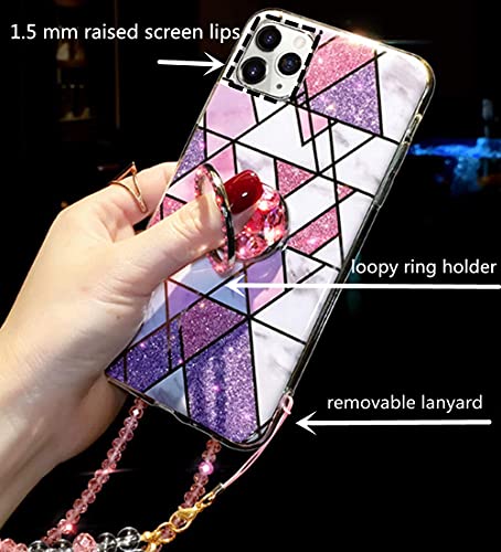 Aulzaju for iPhone 12 Pro Max Girly Case with Ring Stand Luxury Bling Diamond Hard PC Back Rugged Marble Design Cute Glitter Rhinestone Geometric Bumper Cover with Bead Lanyard for Women 6.7'' Pink