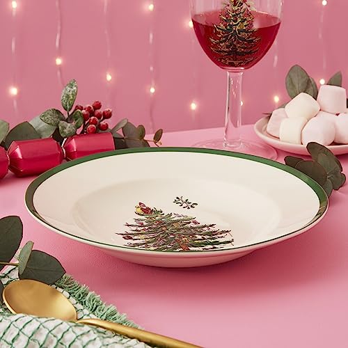 Spode Christmas Tree 9" Soup Plate (Set of 4) - Stoneware Soup Bowls with Festive Tree Design & Green Rim, Ideal for Serving Soup, Pasta, Salad - Microwave & Dishwasher Safe Holiday Dinnerware