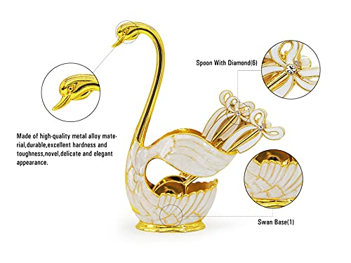 Flylin Coffee Spoon Holder Coffee Dessert Spoon Set Metal Swan Base Holder Spoon Organizer with 6pcs Ice Cream Spoons Teaspoons Coffee Dessert Flatware (Gold)