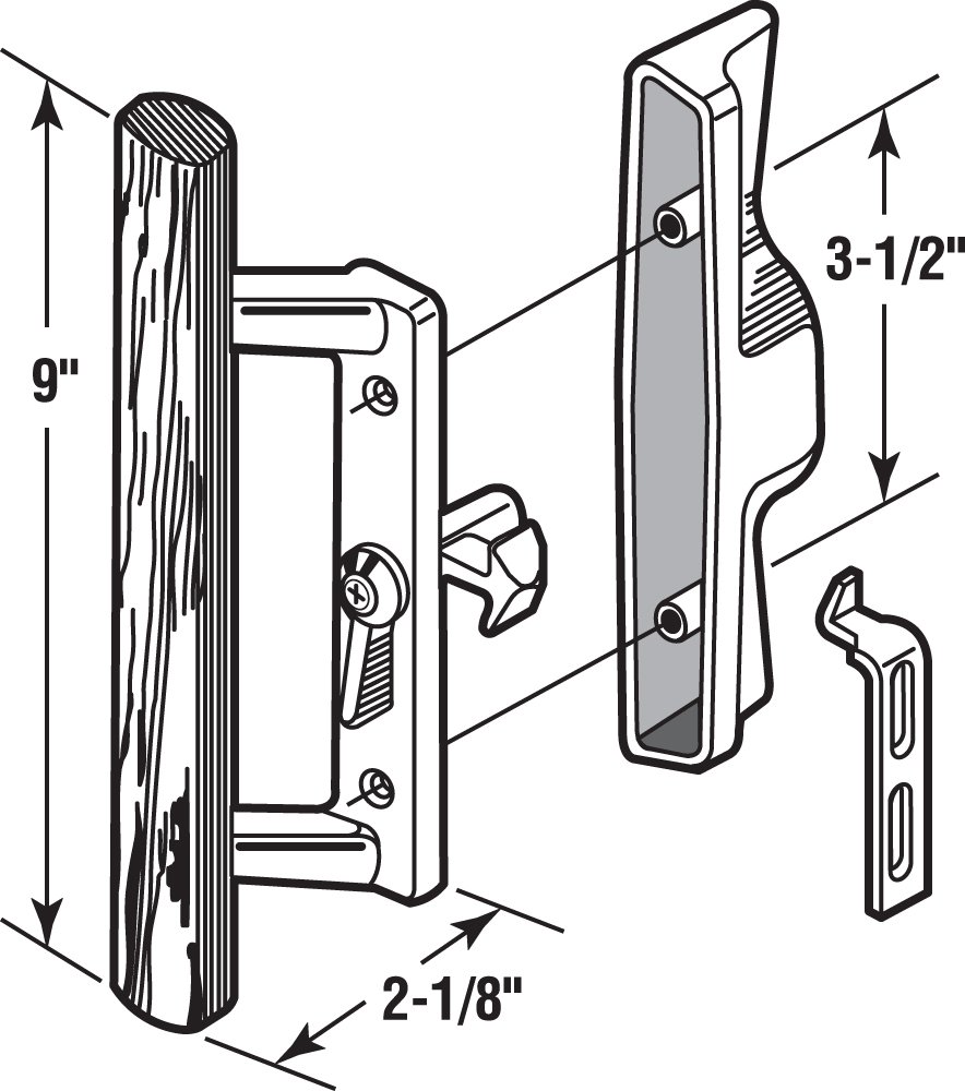 Prime-Line C 1095 Sliding Glass Door Handle Set, 3-1/2 In., Diecast and Wood, Black, Hook Style, Internal Lock (Single Pack)