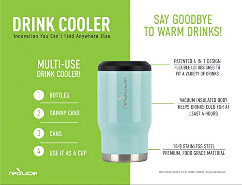 Reduce Can Cooler - 4-in-1 Stainless Steel Can Holder and Beer Bottle Holder, 4 Hours Cold - The Drink Cooler For 12 oz Slim Cans, Regular Cans, Bottles and Mixed Drinks - Glacier, Opaque Gloss