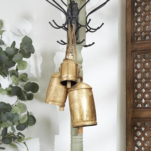 Deco 79 Metal Decorative Cow Bells Tibetan Inspired with Jute Hanging Rope, Set of 3 10",8",6"H, Gold