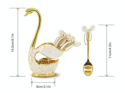 Flylin Coffee Spoon Holder Coffee Dessert Spoon Set Metal Swan Base Holder Spoon Organizer with 6pcs Ice Cream Spoons Teaspoons Coffee Dessert Flatware (Gold)