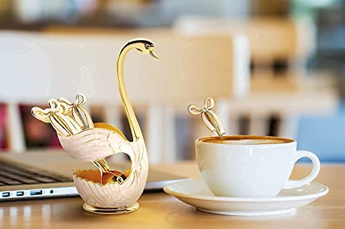 Flylin Coffee Spoon Holder Coffee Dessert Spoon Set Metal Swan Base Holder Spoon Organizer with 6pcs Ice Cream Spoons Teaspoons Coffee Dessert Flatware (Gold)