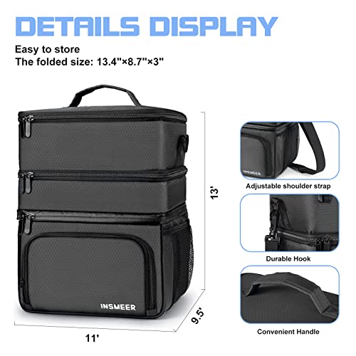 INSMEER 3 Compartments Lunch Box, 20L Large Lunch Box for men Insulated Lunch Bag with Sturdy Bottom/Shoulder Strap/Waterproof Zipper, Lunch box For Work/Office/Driver/Beach/Picnic (Black)