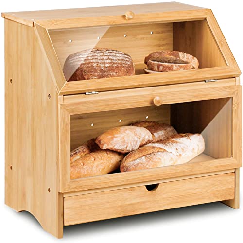 HOMEKOKO Large Bamboo Two-layer Bread Box With Drawer, Double Layers Large Bread Box for Kitchen Counter, Wooden Large Capacity Bamboo Bread Food Storage Bin (NATURAL)