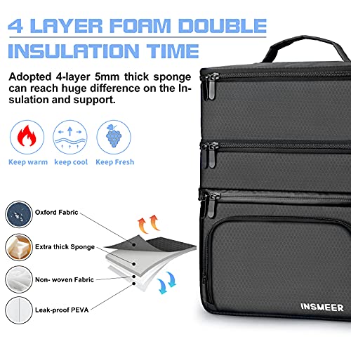 INSMEER 3 Compartments Lunch Box, 20L Large Lunch Box for men Insulated Lunch Bag with Sturdy Bottom/Shoulder Strap/Waterproof Zipper, Lunch box For Work/Office/Driver/Beach/Picnic (Black)