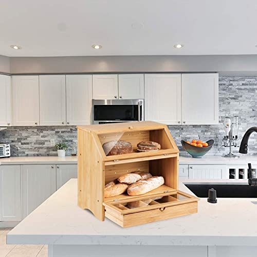 HOMEKOKO Large Bamboo Two-layer Bread Box With Drawer, Double Layers Large Bread Box for Kitchen Counter, Wooden Large Capacity Bamboo Bread Food Storage Bin (NATURAL)