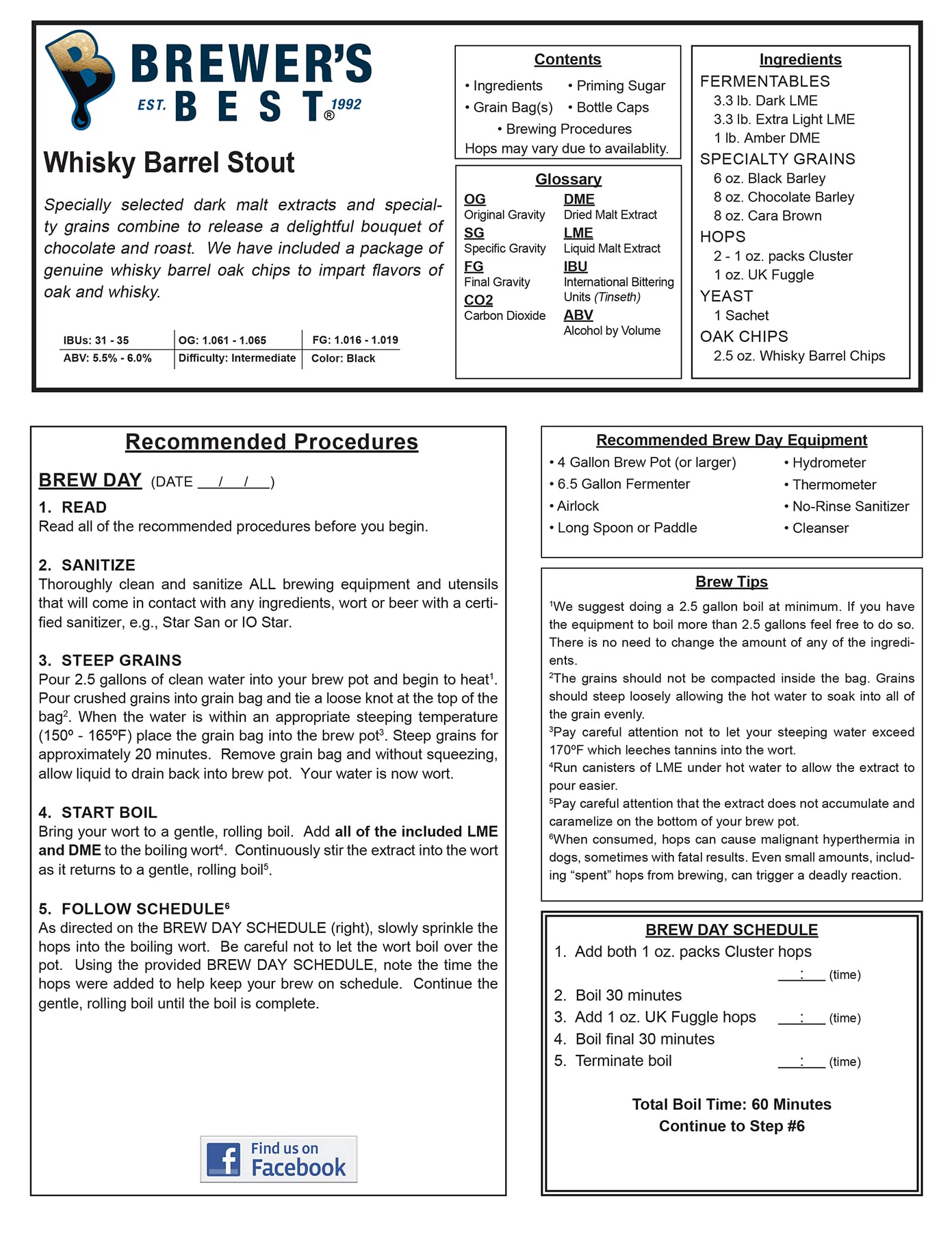 Brewers Best Whiskey Barrel Stout Beer Ingredient Kit