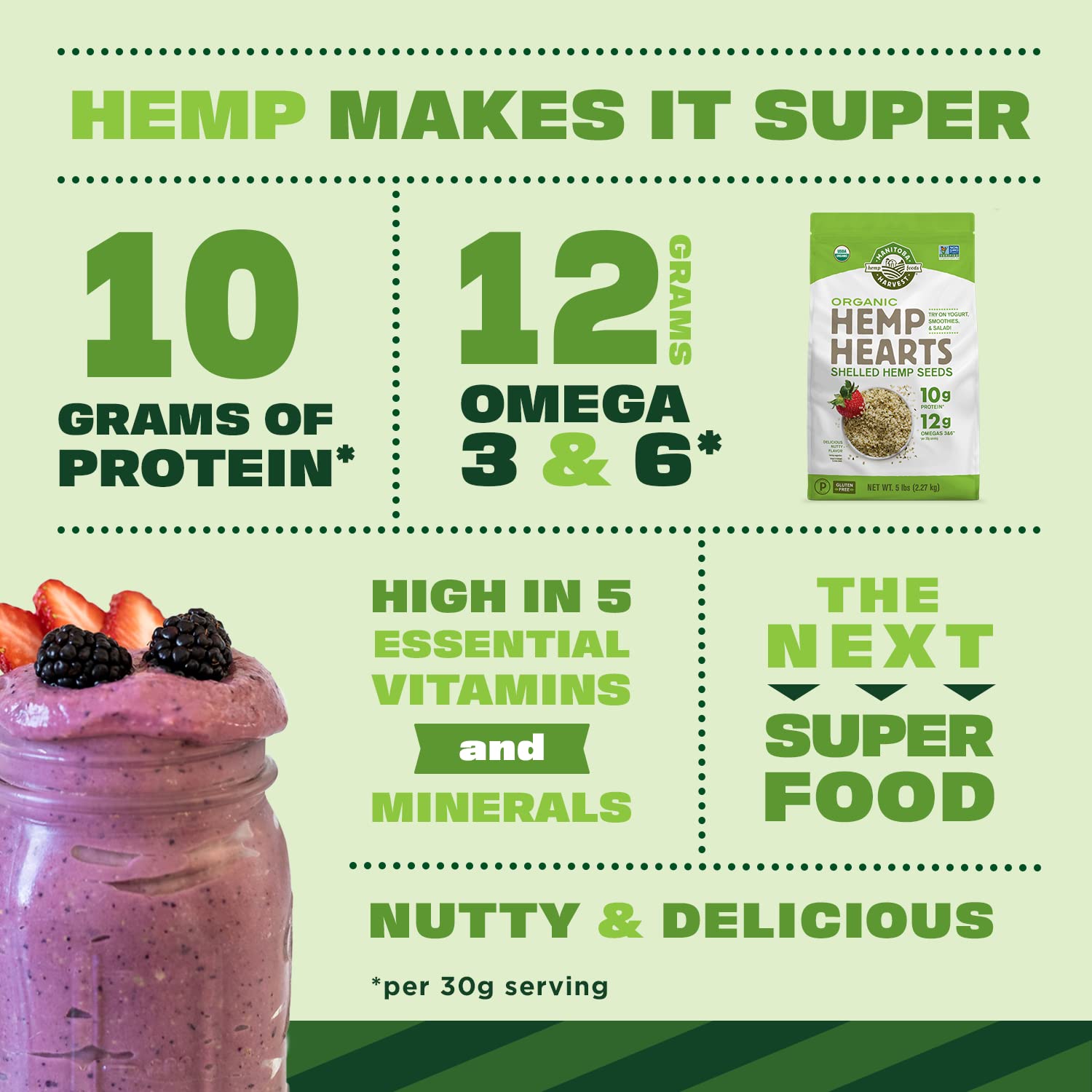 Manitoba Harvest Organic Hemp Seeds, 5 lb, 10g Plant Based Protein and 12g Omega 3 & 6 per Srv, smoothies, yogurt & salad, Non-GMO, Vegan, Keto, Paleo, Gluten Free
