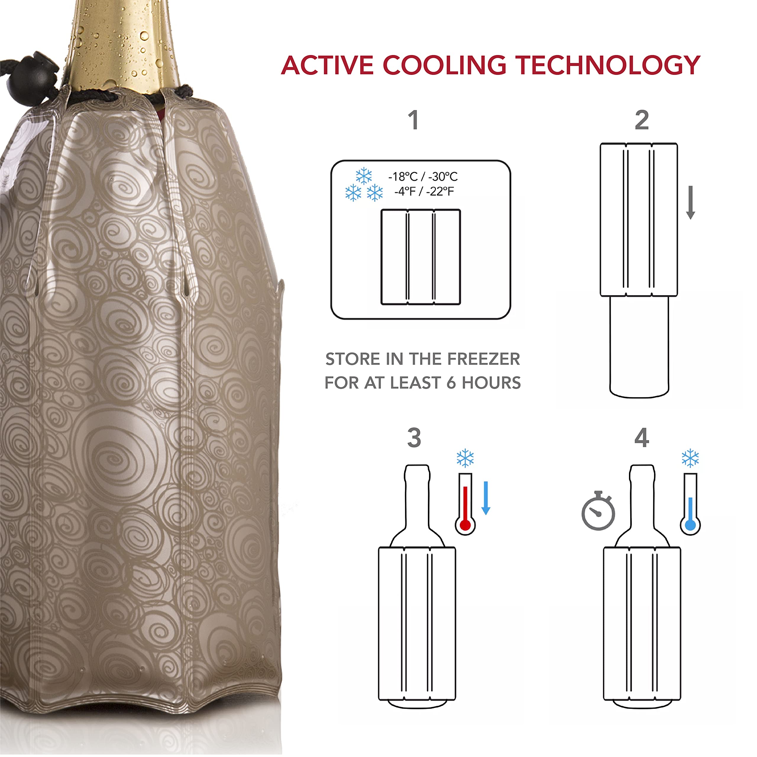 Vacu Vin Active Cooler Champagne Chiller - Reusable, Flexible Wine Bottle Cooler - Platinum, Gold - Champagne Cooler Sleeve For Standard Size Bottles - Insulated Champagne Bottle Chiller to Keep Cold
