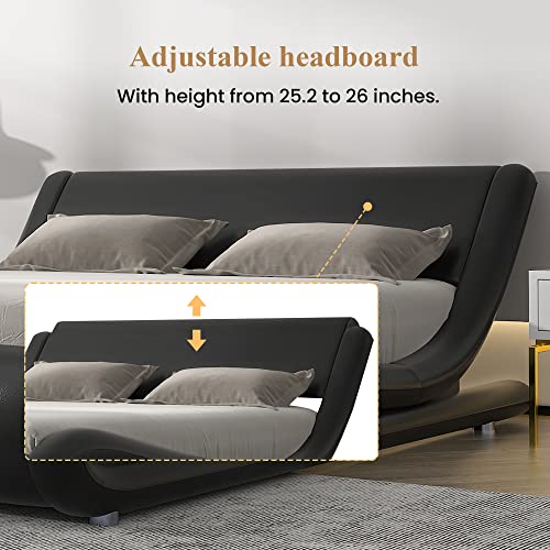 SHA CERLIN Queen Size Bed Frame Luxury Wave-Like Modern Upholstered Low Profile Platform Bed, Faux Leather Sleigh Bed with Adjustable Headboard, No Box Spring Needed, Black