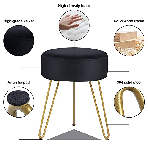 GERANT Multifunctional Vanity Stools - Velvet Round Ottoman Modern Dressing Stool -Upholstered Footrest Stool - Side Table Footstool with Golden Metal Leg for Living Room, Bedroom (Black)