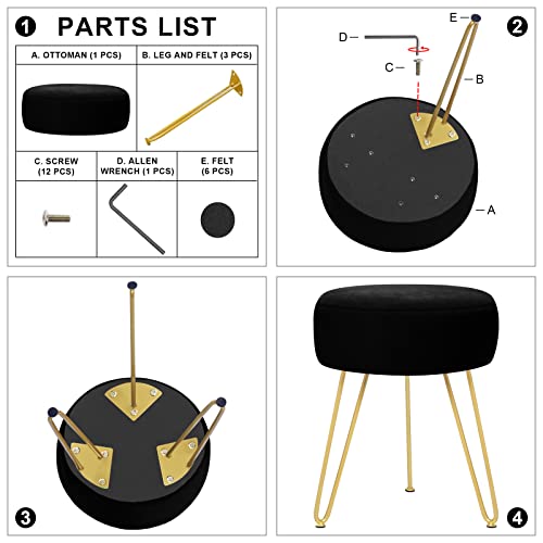 GERANT Multifunctional Vanity Stools - Velvet Round Ottoman Modern Dressing Stool -Upholstered Footrest Stool - Side Table Footstool with Golden Metal Leg for Living Room, Bedroom (Black)