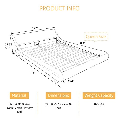 SHA CERLIN Queen Size Bed Frame Luxury Wave-Like Modern Upholstered Low Profile Platform Bed, Faux Leather Sleigh Bed with Adjustable Headboard, No Box Spring Needed, Black